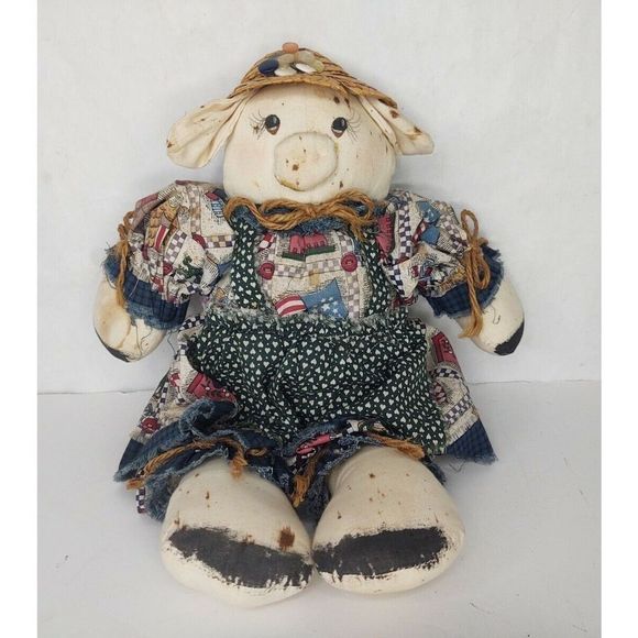 No Brand | Toys | Vintage 5handmade Farmer Pig Rag Doll Dress Hat Green ...